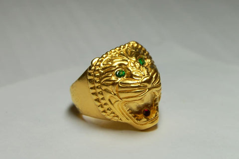 Assyrian Lion Ring: gold plated lion head with ruby mouth green ...